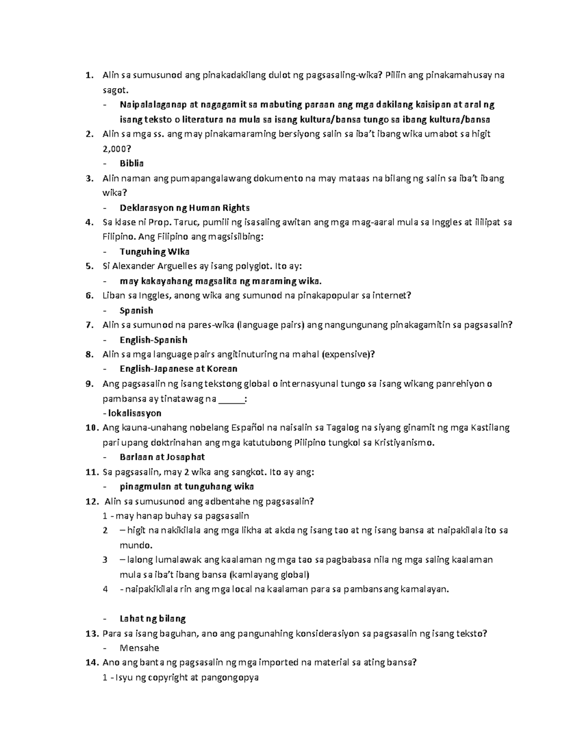 FIL QUIZ 1 Answer KEY - 1. Alin sa sumusunod ang pinakadakilang dulot ...