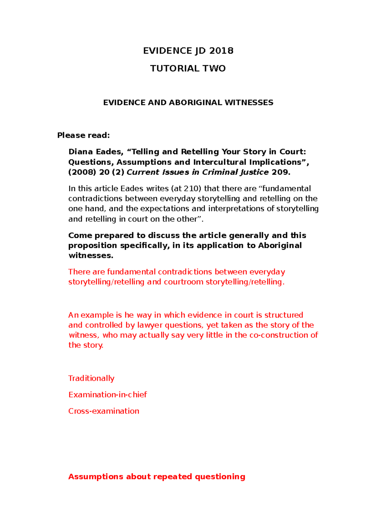 Evidence - Tutorial 2 - Evidence and Aboriginal Witnesses - EVIDENCE JD ...