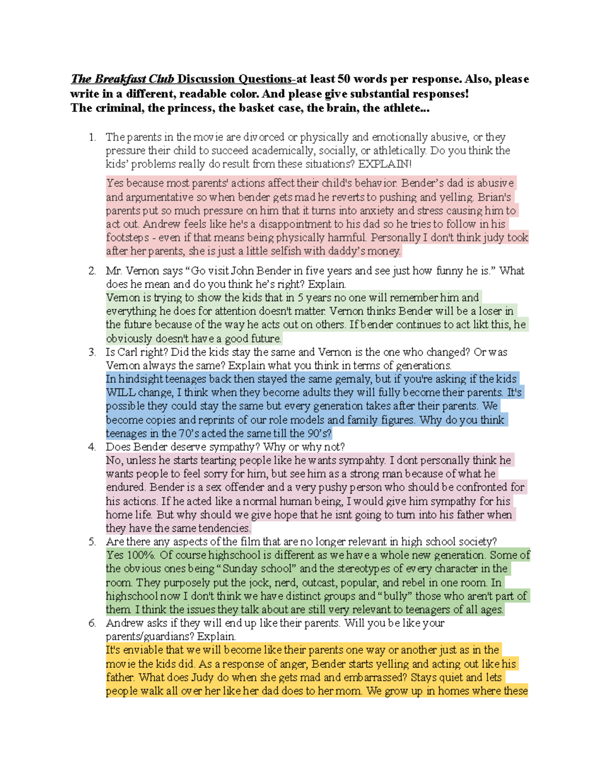 The Breakfast Club Discussion Questions - Also, please write in a ...