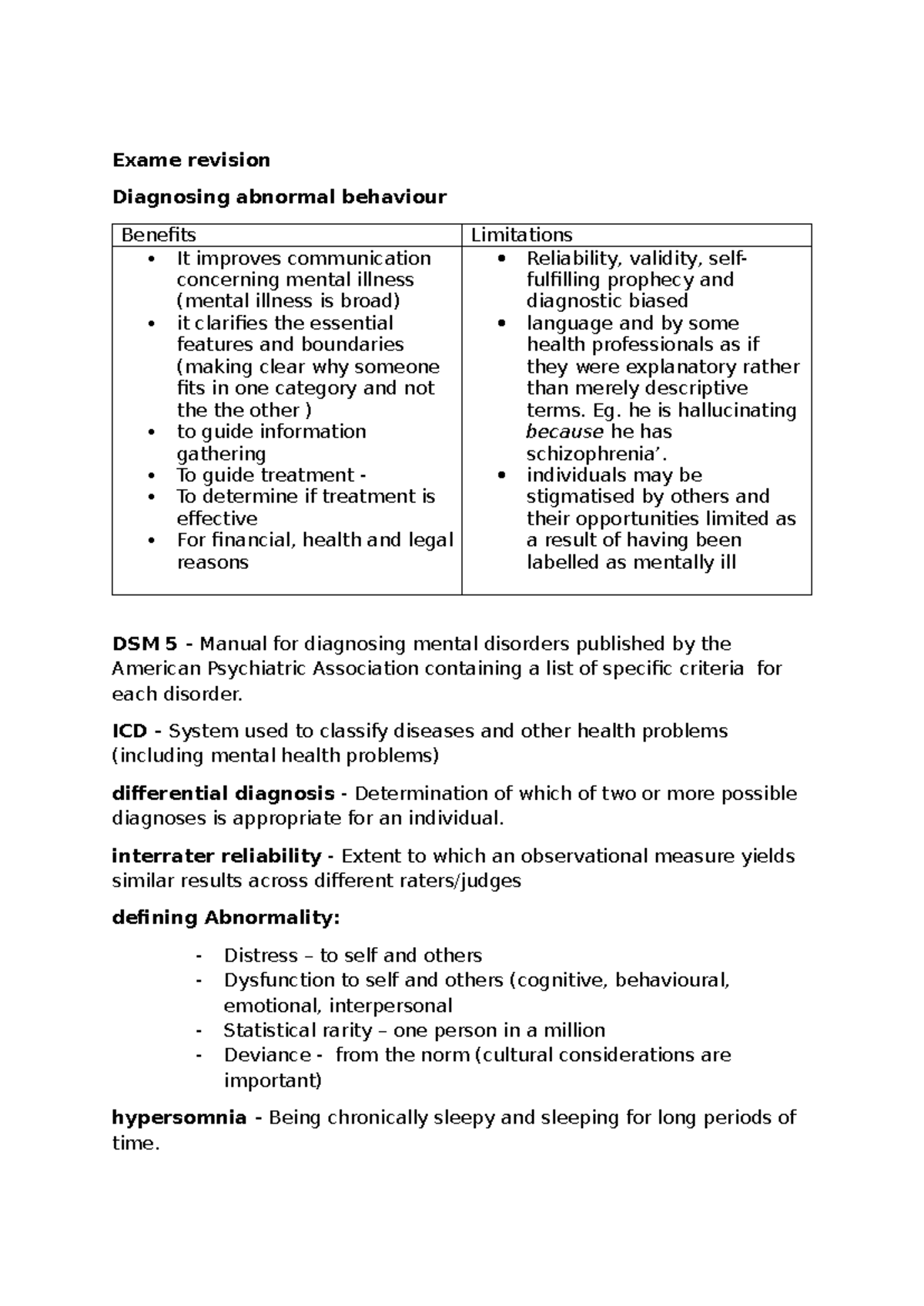 Exame revision - notes - Exame revision Diagnosing abnormal behaviour ...