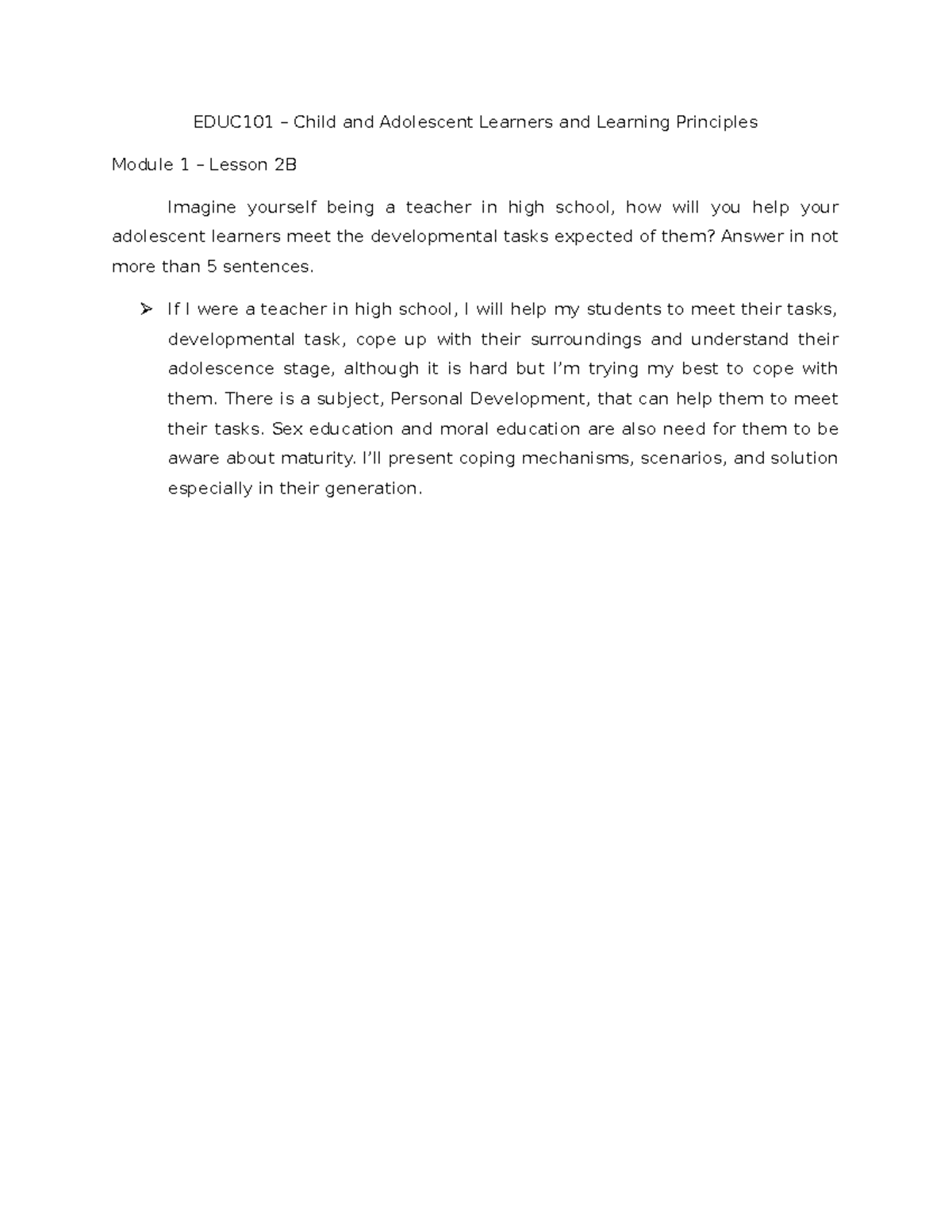 EDUC101-DEVELOPMENTAL TASK - EDUC101 – Child and Adolescent Learners ...