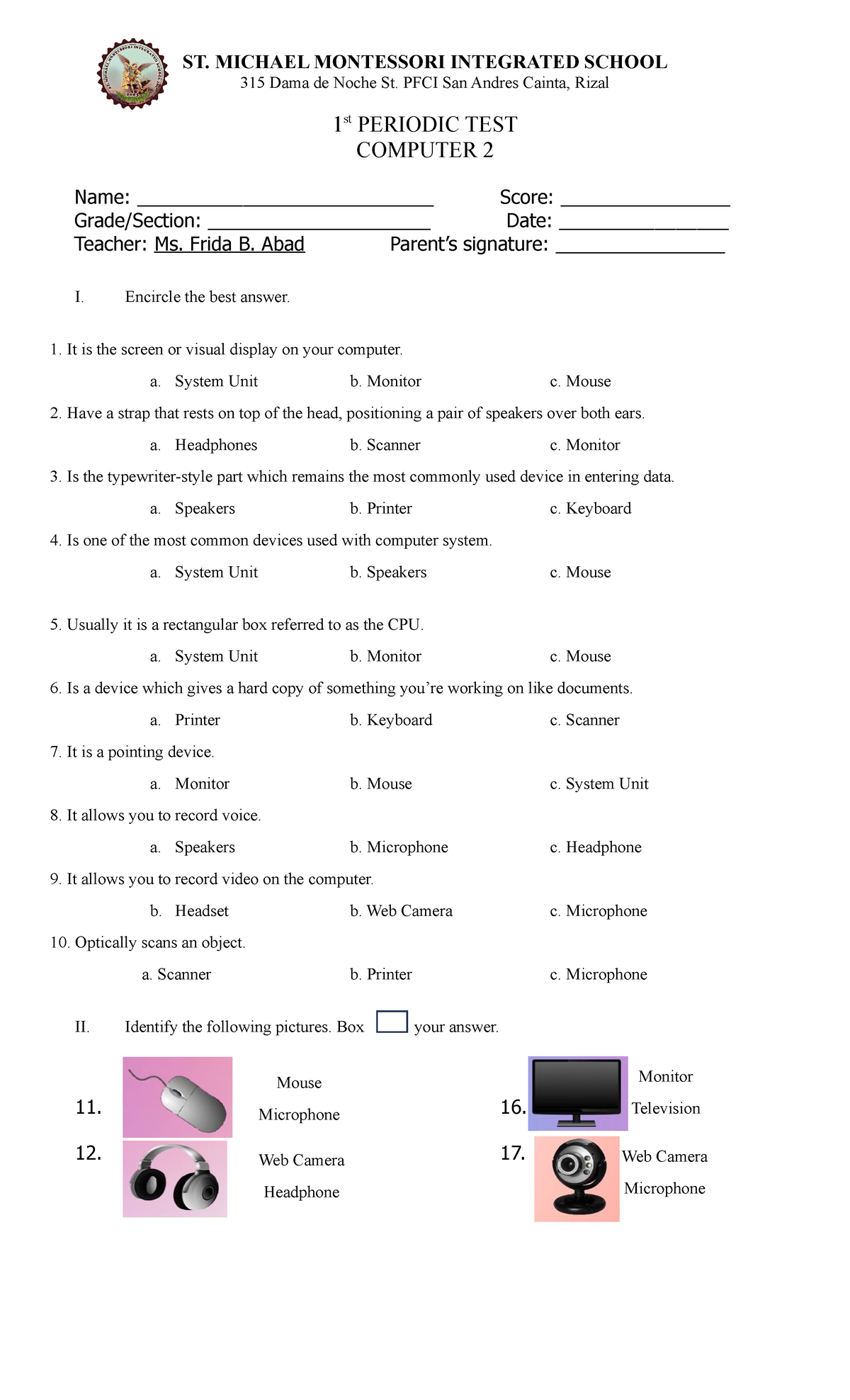 Heading of Exam 1st PT - none - ST. MICHAEL MONTESSORI INTEGRATED ...