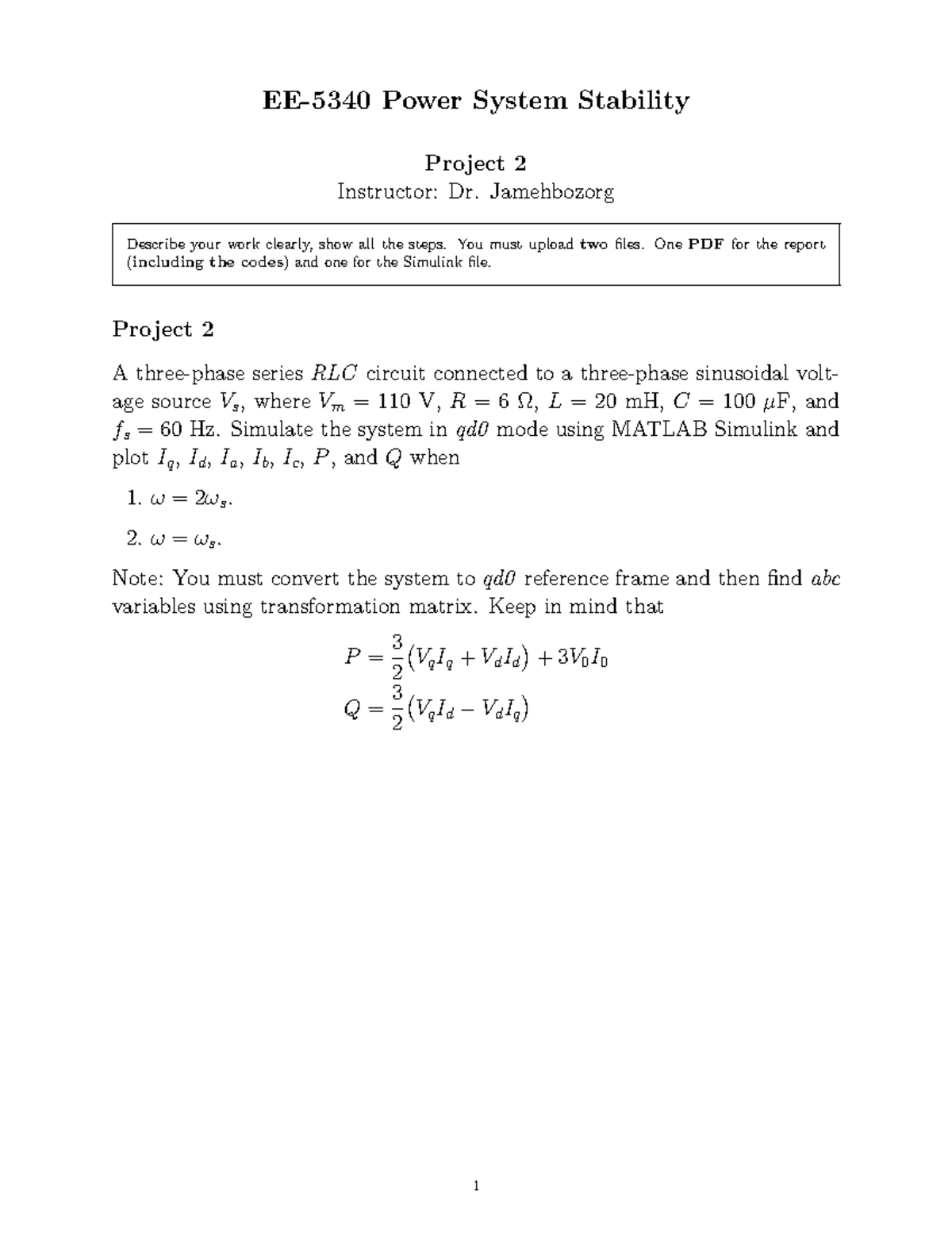 Prosjekt 2 beskrivelse - EE-5340 Power System Stability Project 2 ...