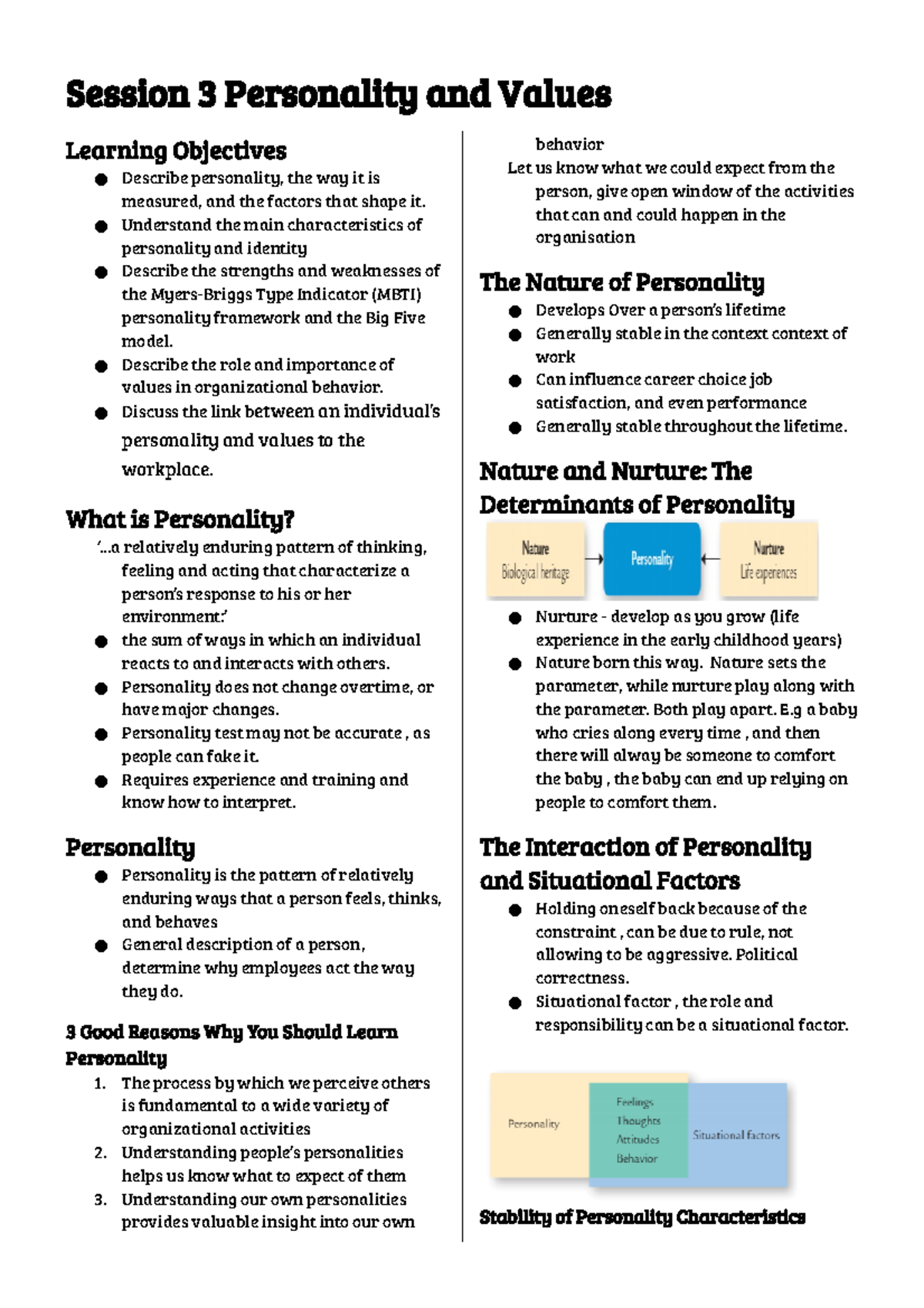 Notes 3 - Personalities and values - Session 3 Personality and Values ...