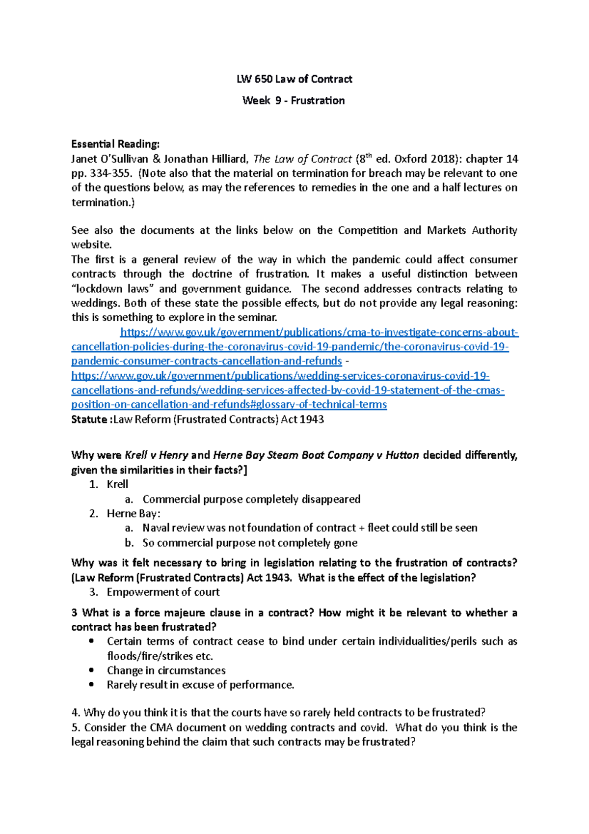 Contract Seminar Week 9 - LW 650 Law of Contract Week 9 - Frustraion ...