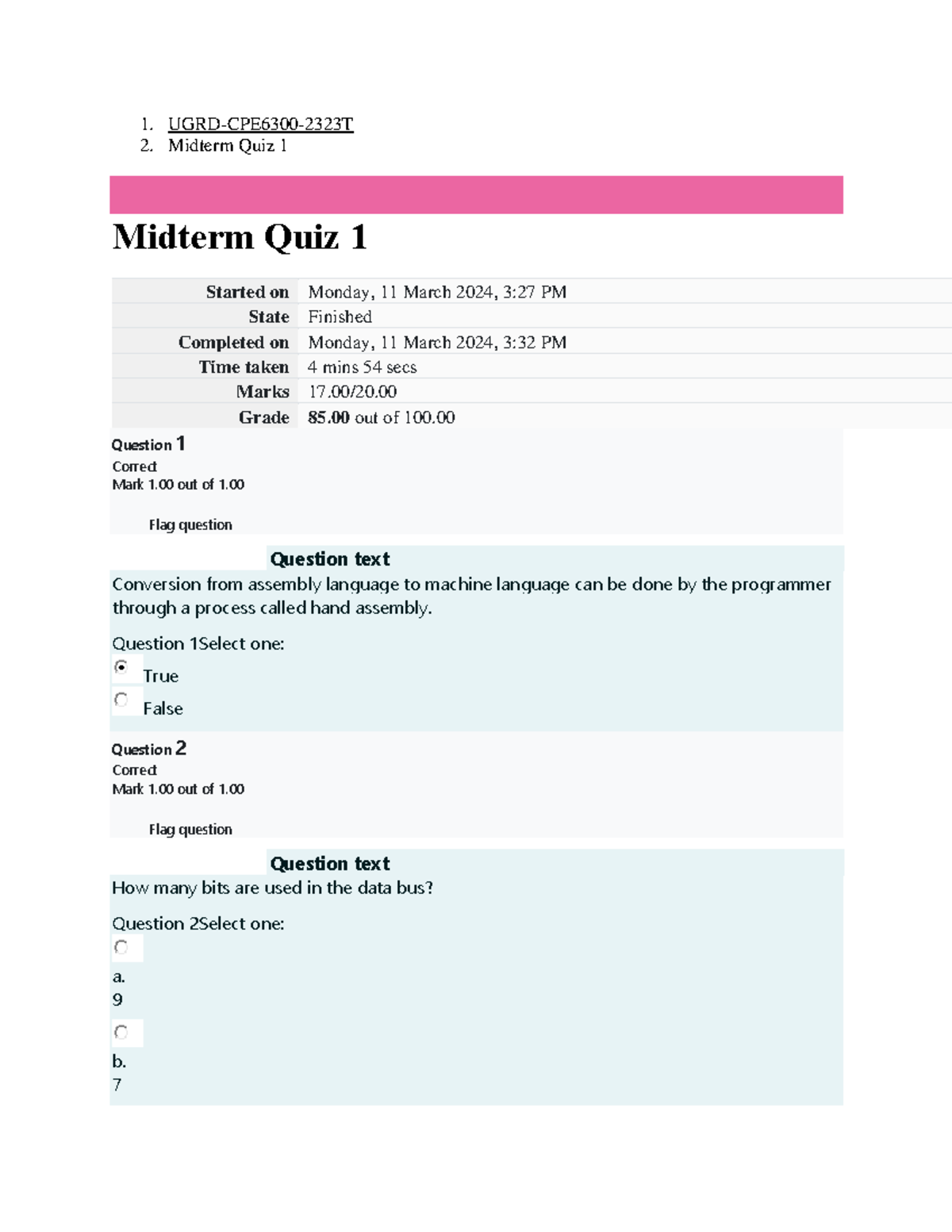 Mircroprocessor mid quiz 1 - 1. UGRD-CPE6300-2323T 2. Midterm Quiz 1 Midterm Quiz 1 Started on ...