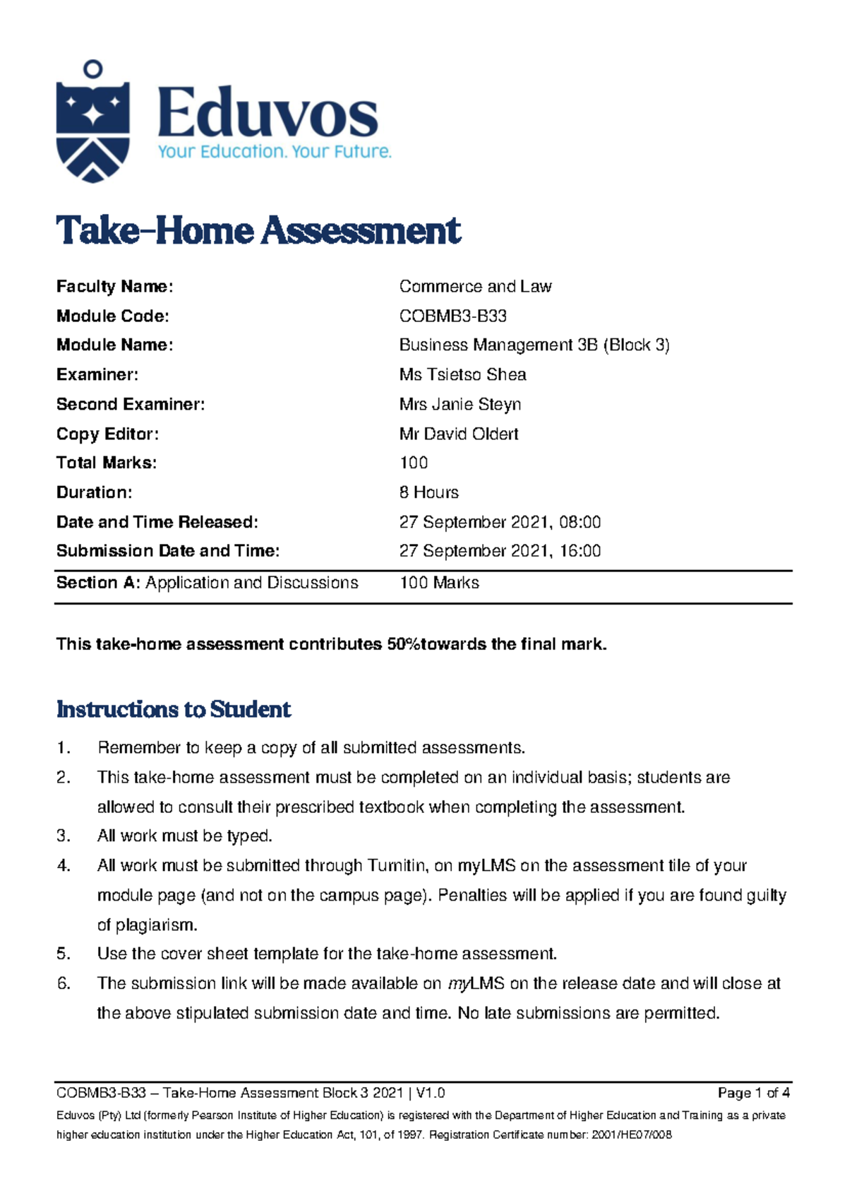 Cobmb 3-B33 - Take-Home Assessment - Paper B3 2021 (V1 - COBMB 3 - B 33 ...