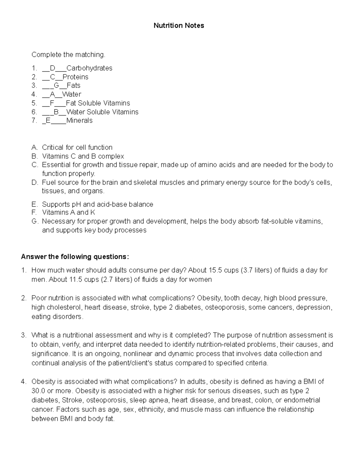 Nutrition Notes - Complete the matching. __D___Carbohydrates __C ...