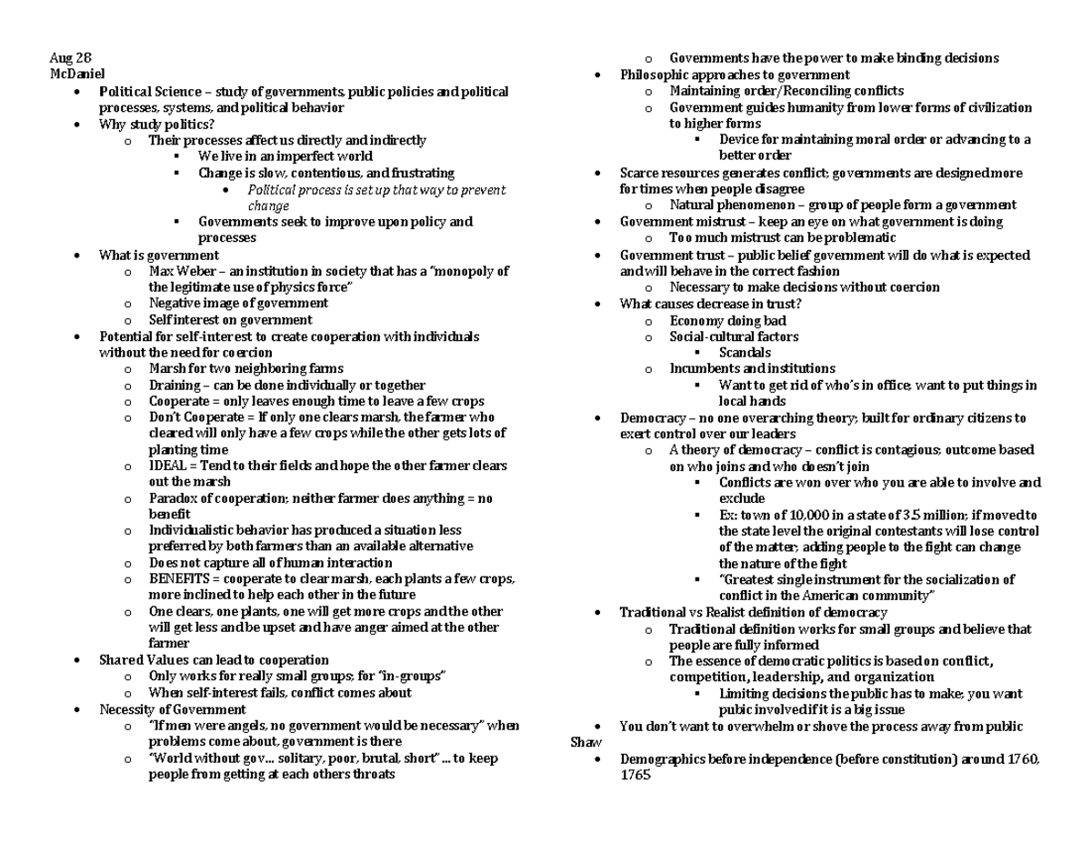 Lecture notes American Government from August 28 till Nov 27, course 1 ...