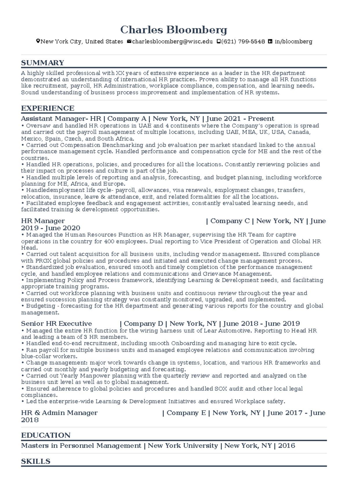 Senior HR Manager - Charles Bloomberg New York City, United States ...