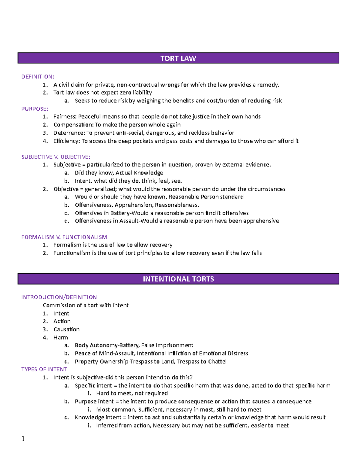 Torts [charted outline] - TORT LAW DEFINITION: A civil claim for ...
