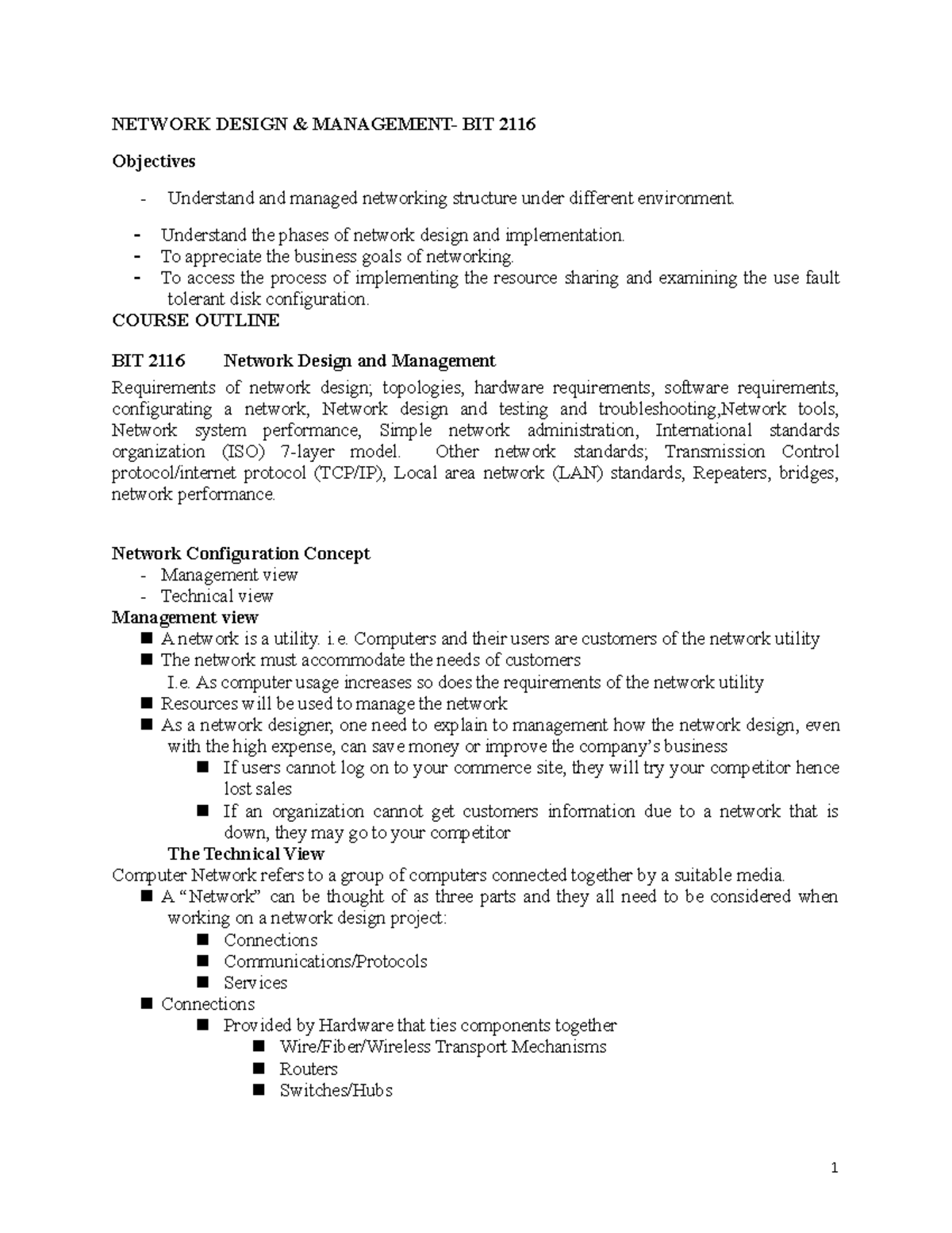 Network Management - NETWORK DESIGN & MANAGEMENT- BIT 2116 Objectives ...
