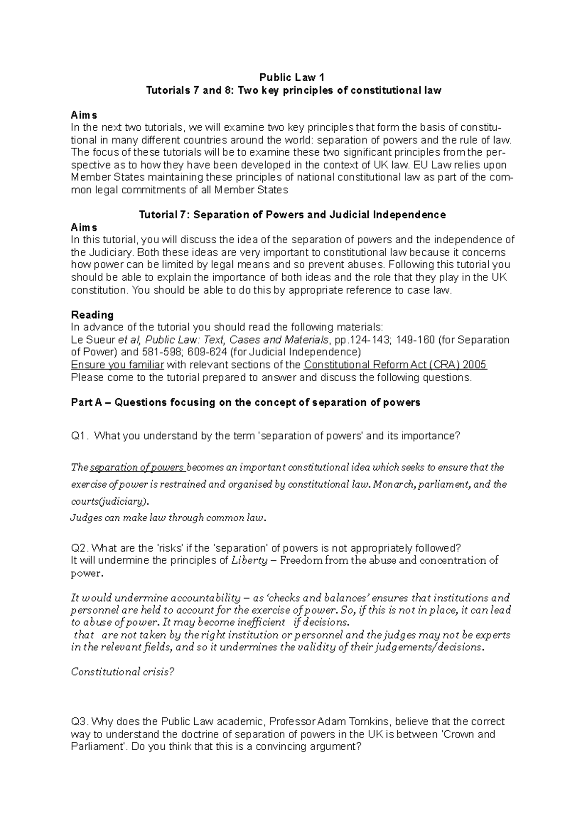 Public law tutorial 7 - Public Law 1 Tutorials 7 and 8: Two key ...