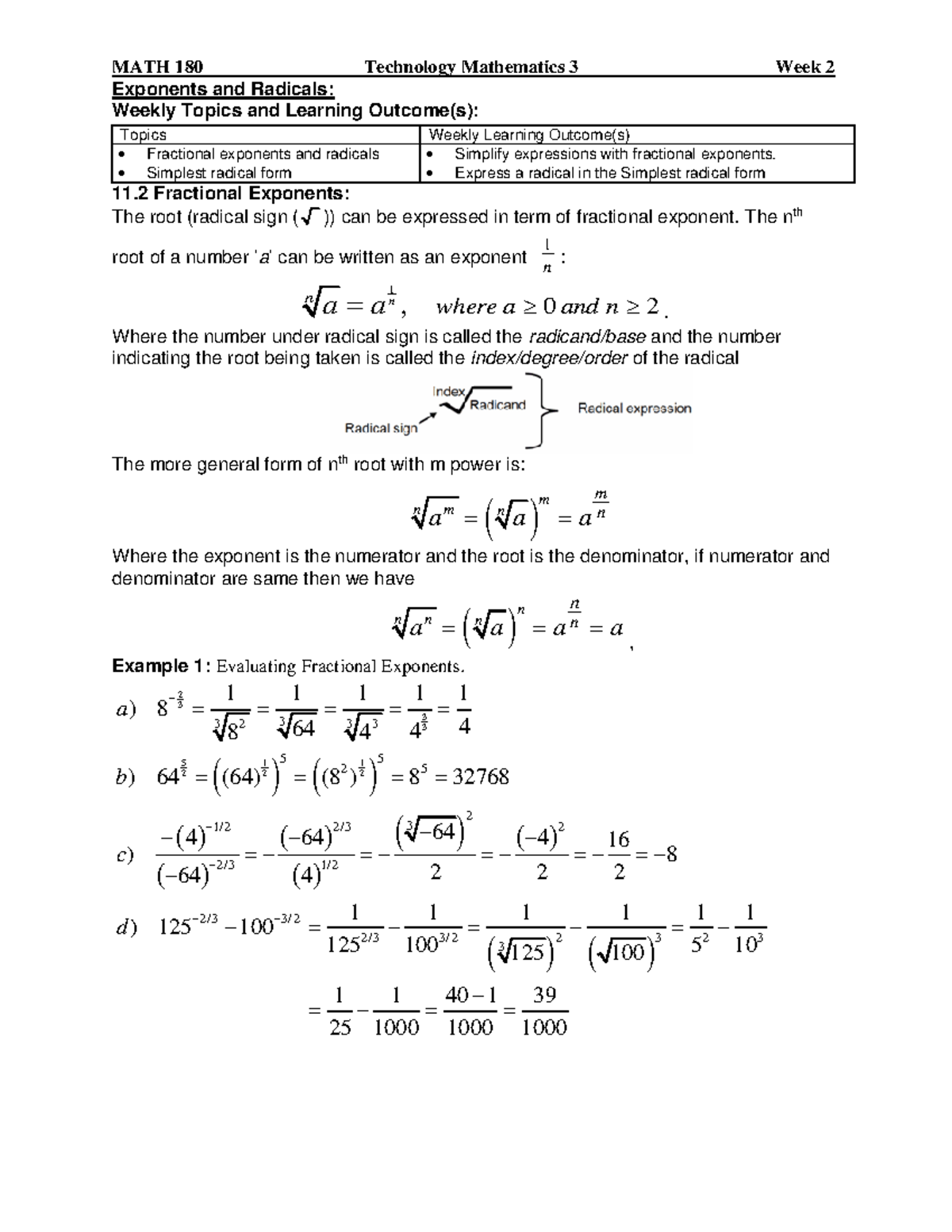 Math 180 Week 2 Lecture Notes-Home Work - Exponents and Radicals ...