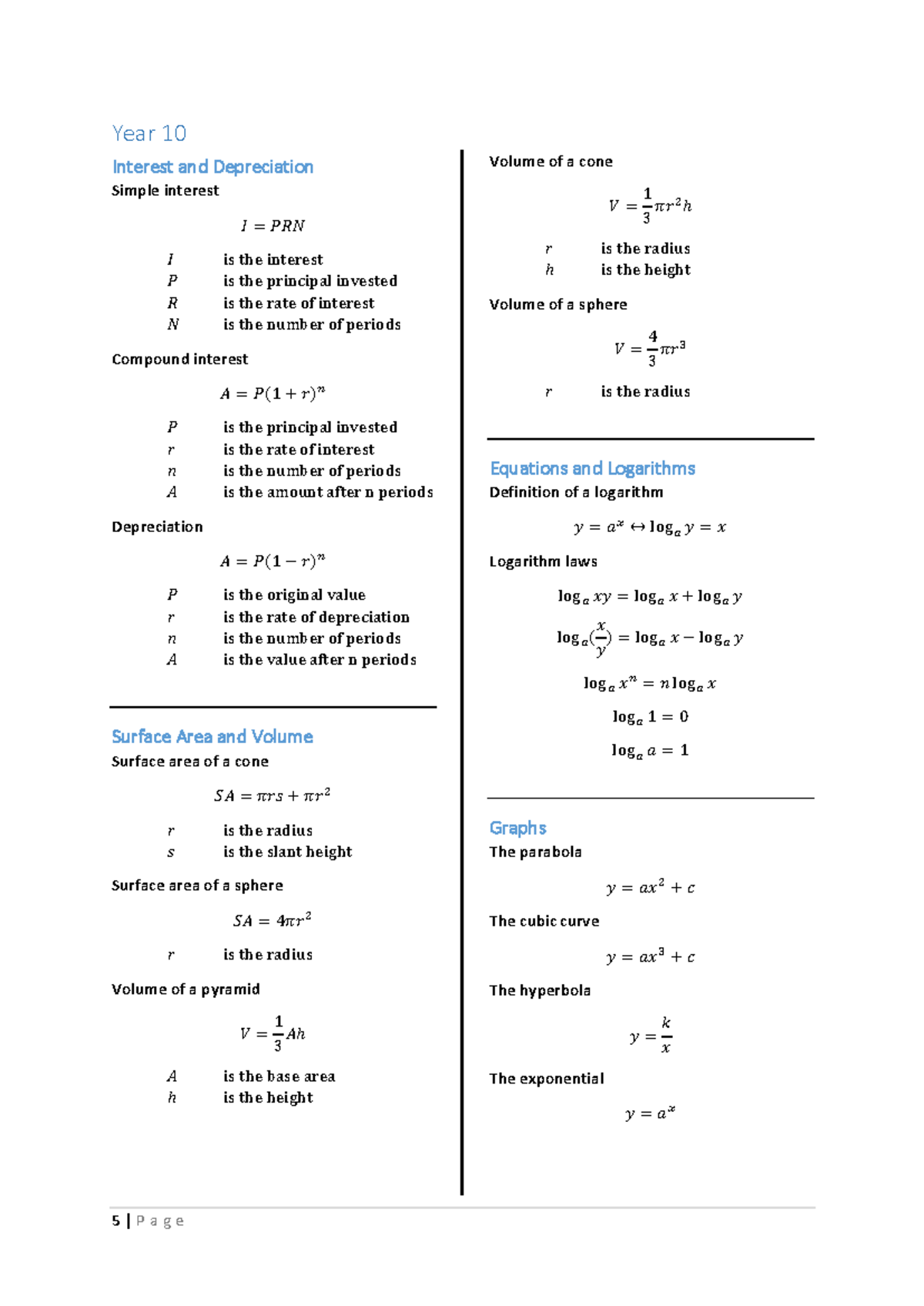 Year 7 10 Maths Formula Sheet - 5 | P a g e Year 10 Interest and ...