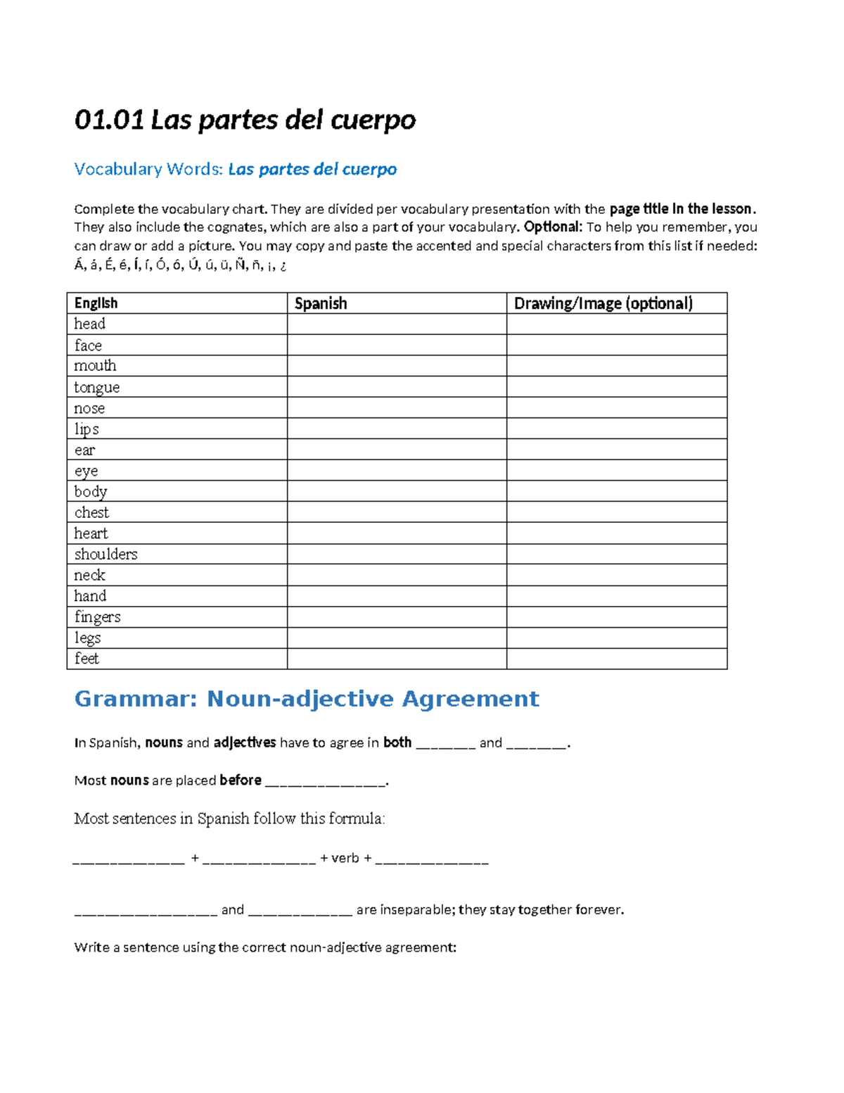 01 01 notes - 01 Las partes del cuerpo Vocabulary Words: Las partes del ...