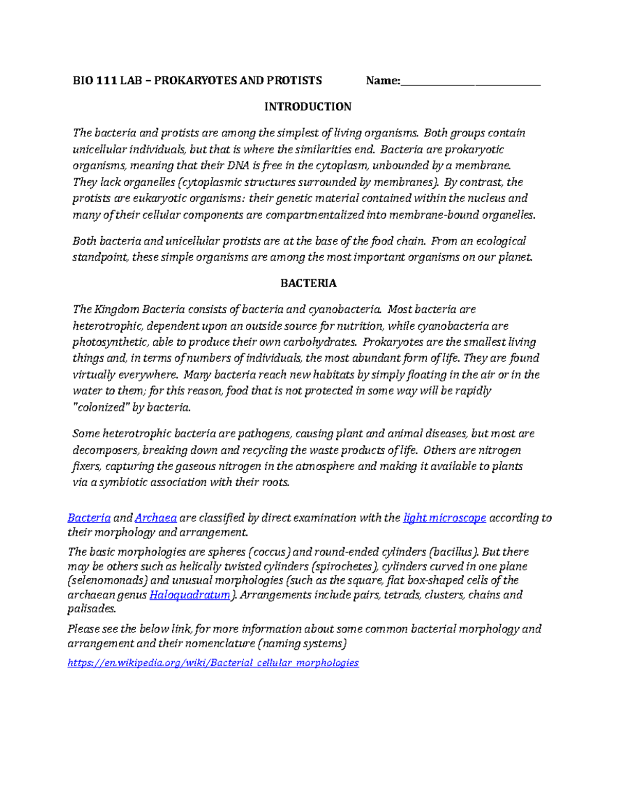 Lab-2 Prokaryotes and Protists - BIO 111 LAB – PROKARYOTES AND PROTISTS ...