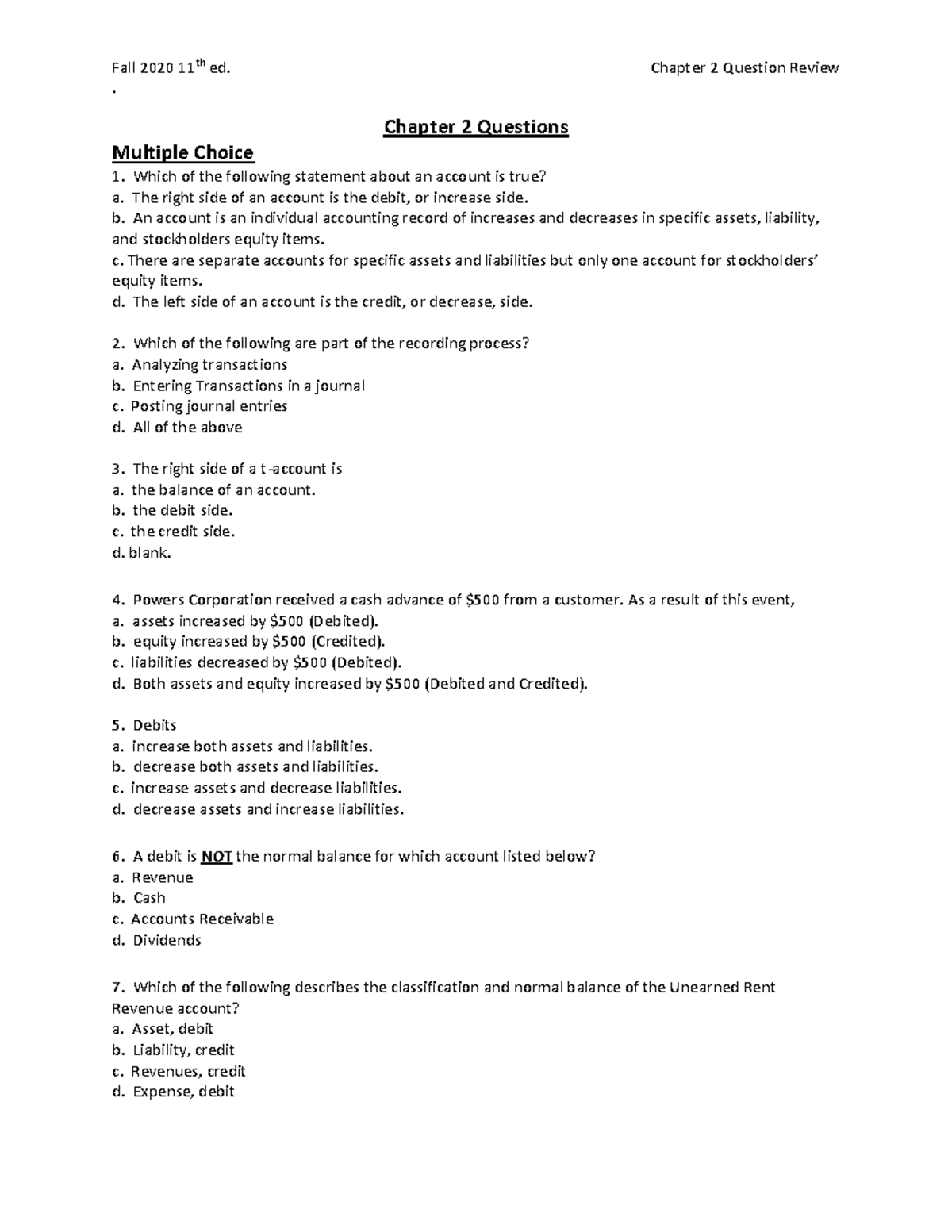 Chapter 2 Question Review - . Chapter 2 Questions Multiple Choice Which ...