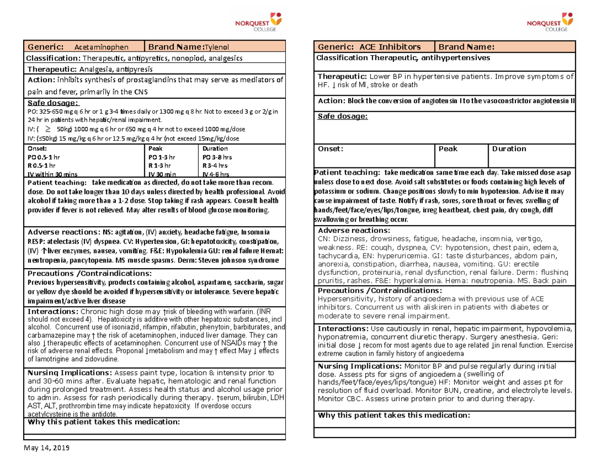 Acetominophen ace IH Medication Research Card 1002 - May 14, 2019 ...