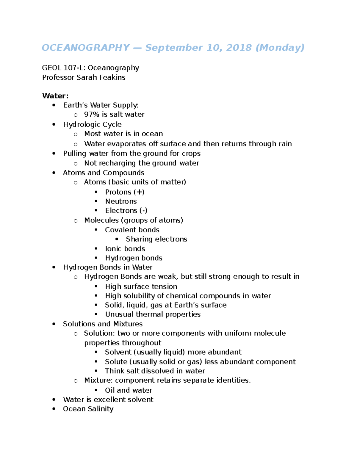 GEOL 107 9.10.18 - OCEANOGRAPHY — September 10, 2018 (Monday) GEOL 107-L: Oceanography Professor ...