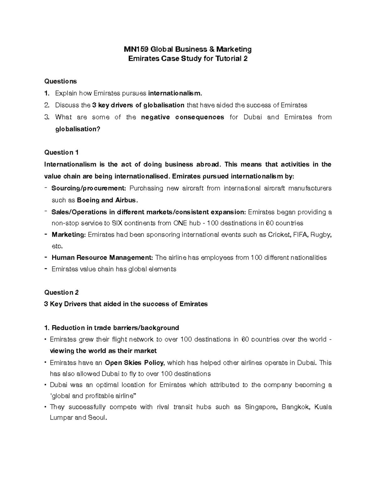 Emirates Case Study - Globalisation (MN159) - MN159 Global Business ...
