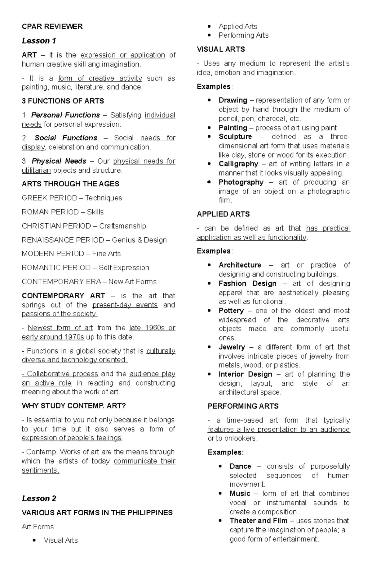 CPAR Reviewer 3RD Q - CPAR REVIEWER Lesson 1 ART – It is the expression ...