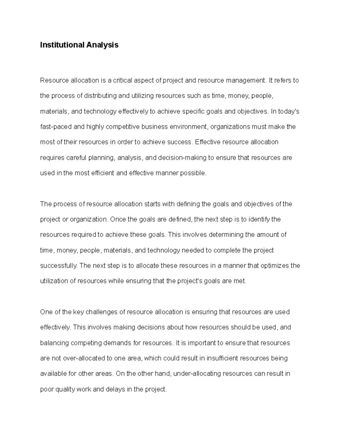 Institutional Analysis - Institutional Analysis Resource allocation is ...