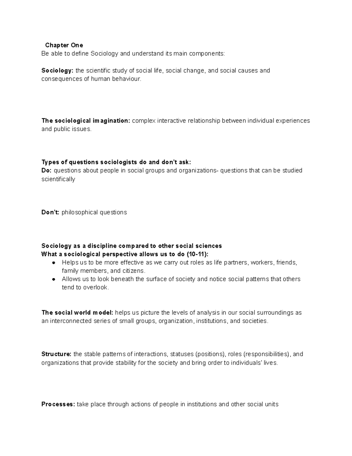 Sociology study guide - Chapter One Be able to define Sociology and ...