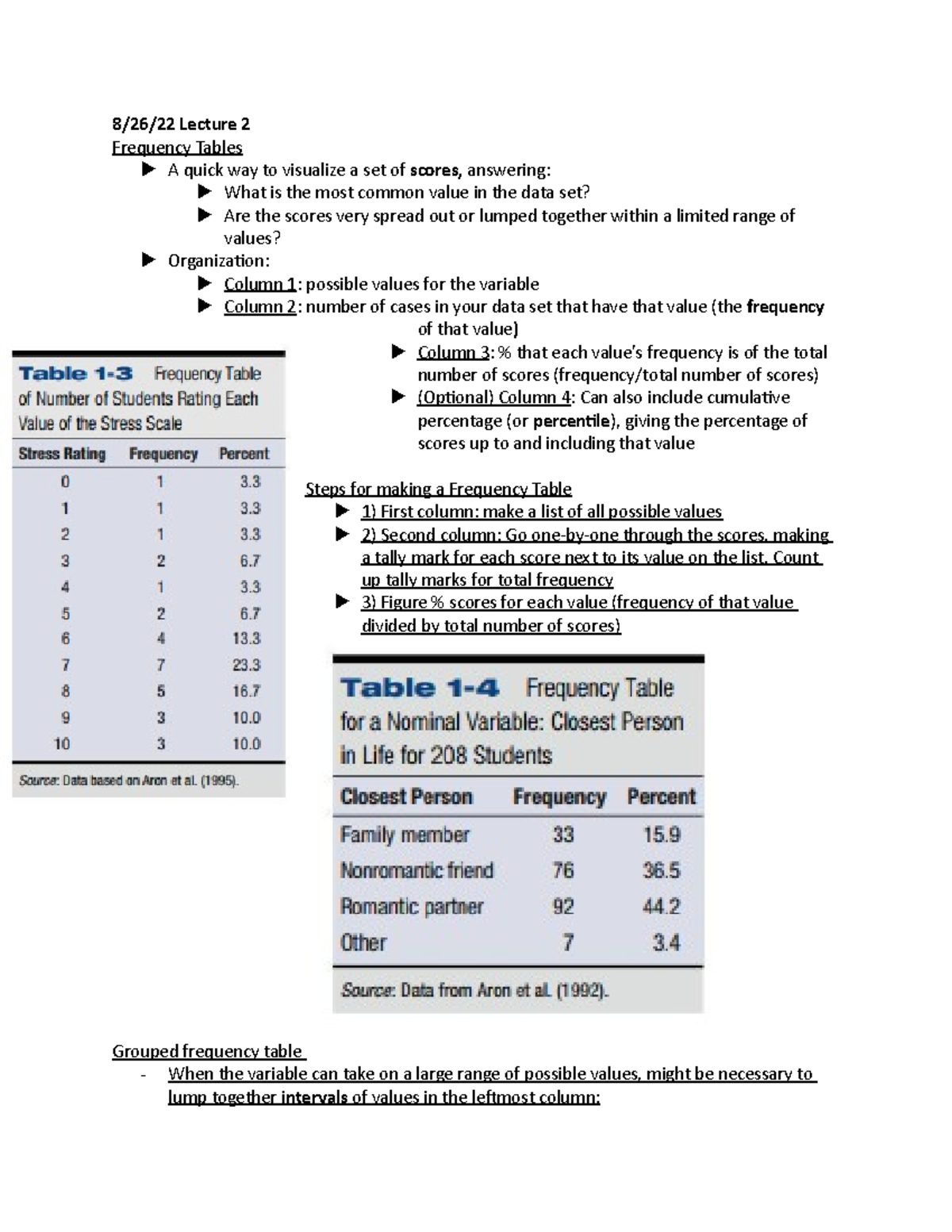 Intro to Psych Notes - 8/26/22 Lecture 2 Frequency Tables u A quick way ...