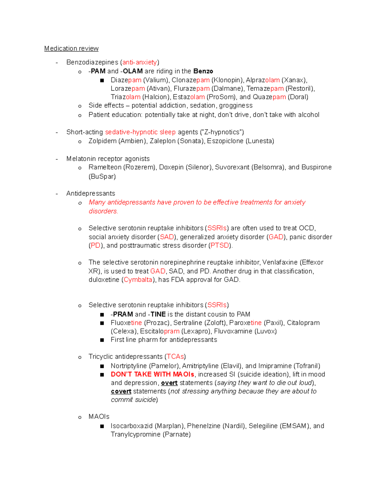 NURS 355 Meds - meds list - Medication review Benzodiazepines (anti ...