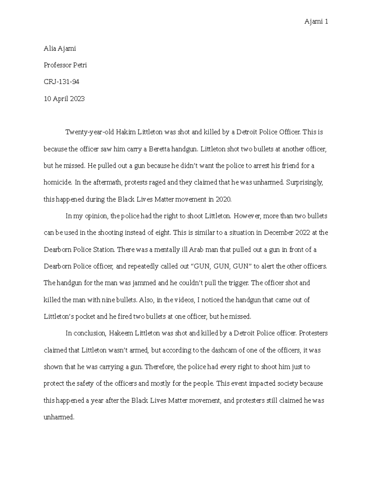 Work Assignment 4 - Case Study on Hakeem Littleton - Ajami 1 Alia Ajami ...