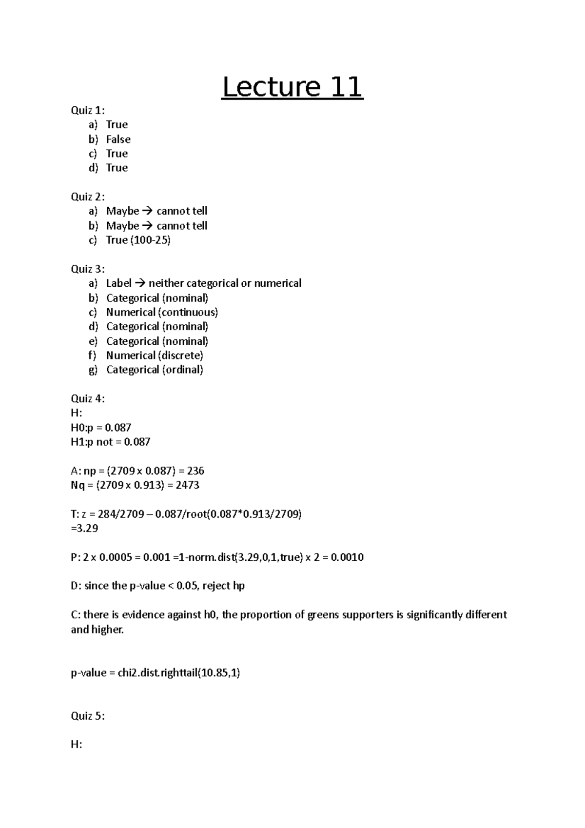 Stat Lecture 11 Notes Lecture 11 Quiz 1 A True B False C True D