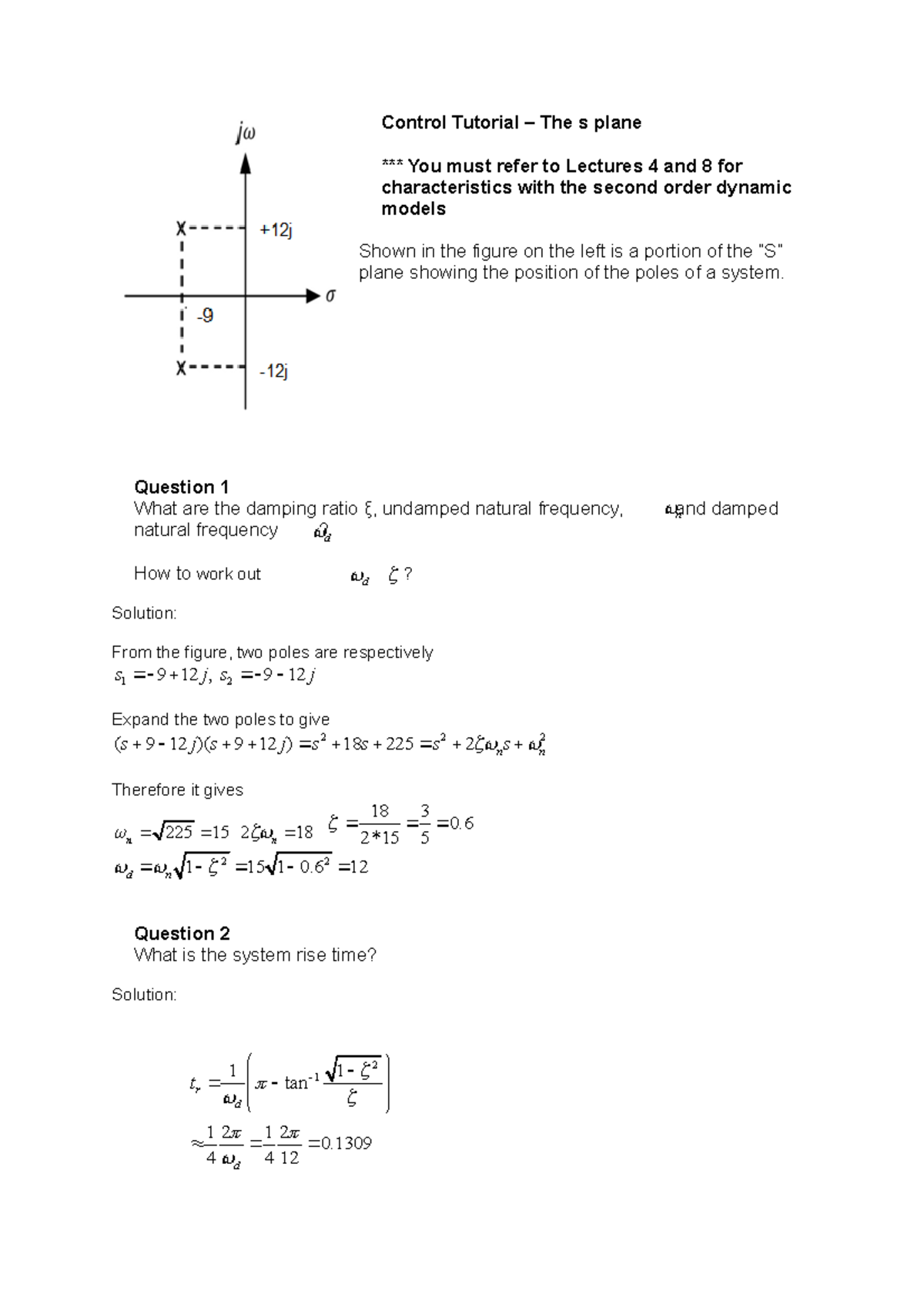 Tutorial 7 Solutions Control Tutorial The S Plane You Must Refer To Lectures 4 And 8