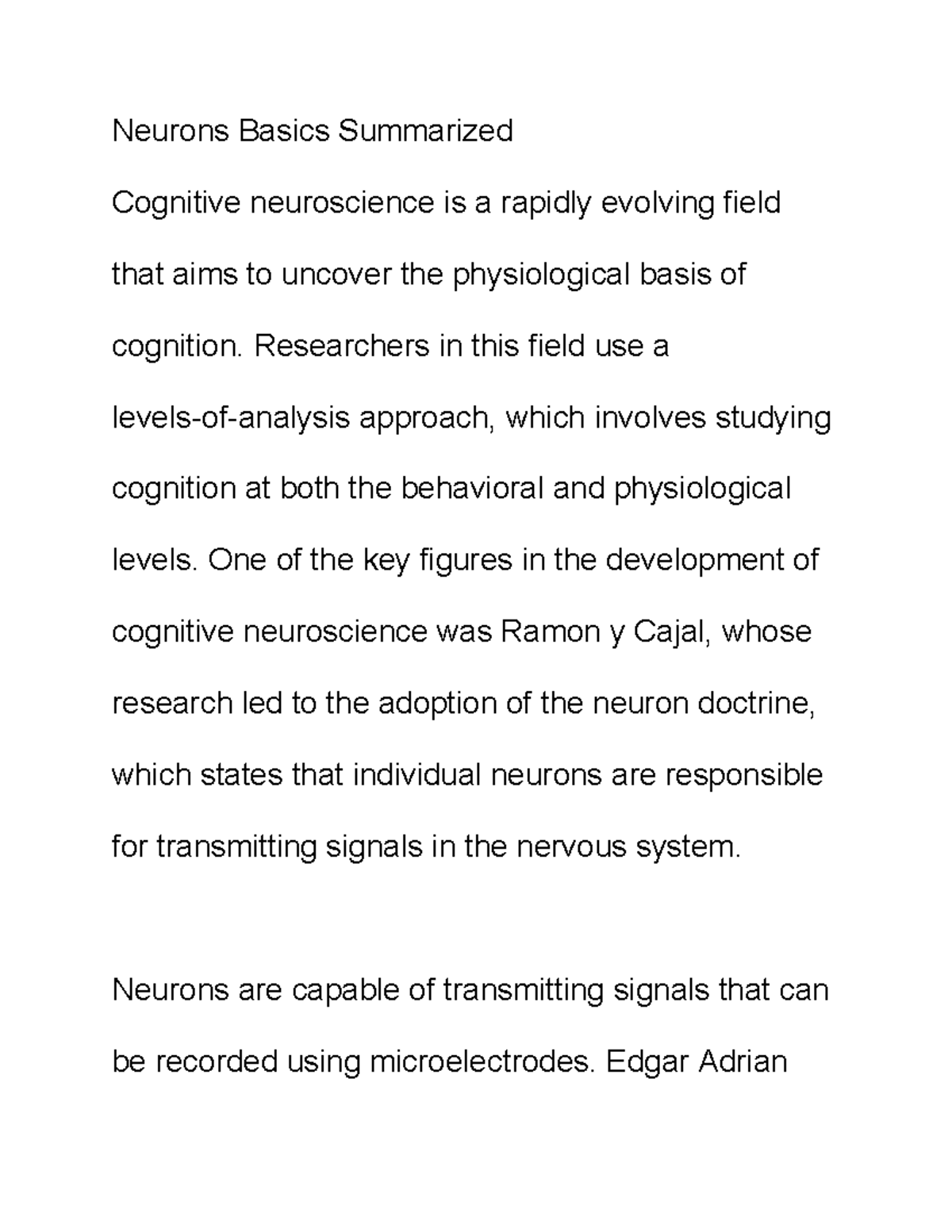 Neurons Basics Summarized - Neurons Basics Summarized Cognitive neuroscience is a rapidly ...