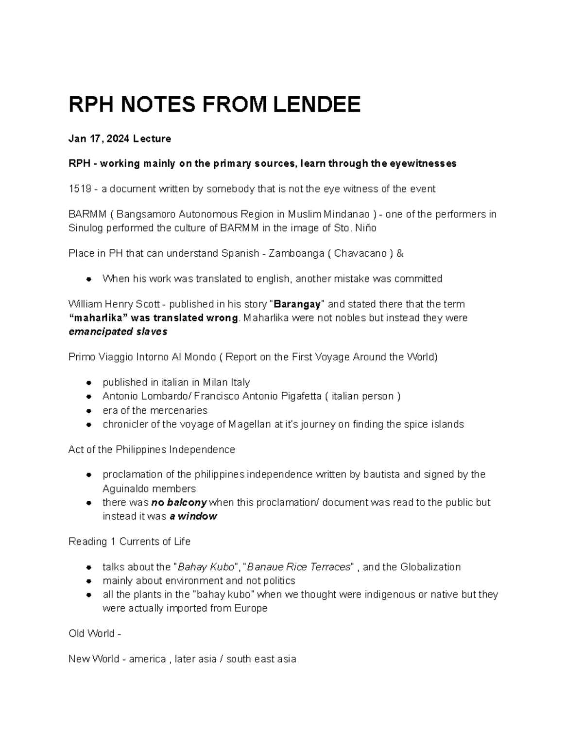RPH- Notes - RPH NOTES FROM LENDEE Jan 17, 2024 Lecture RPH - working ...