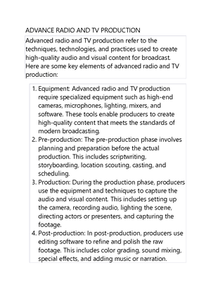 Advance Radio AND TV Production - ADVANCE RADIO AND TV PRODUCTION ...
