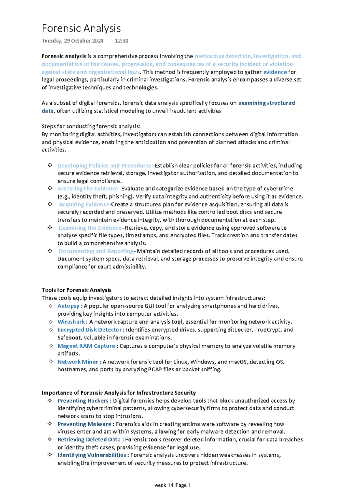 Week 14 - forensic analysis notes - Forensic analysis is a ...