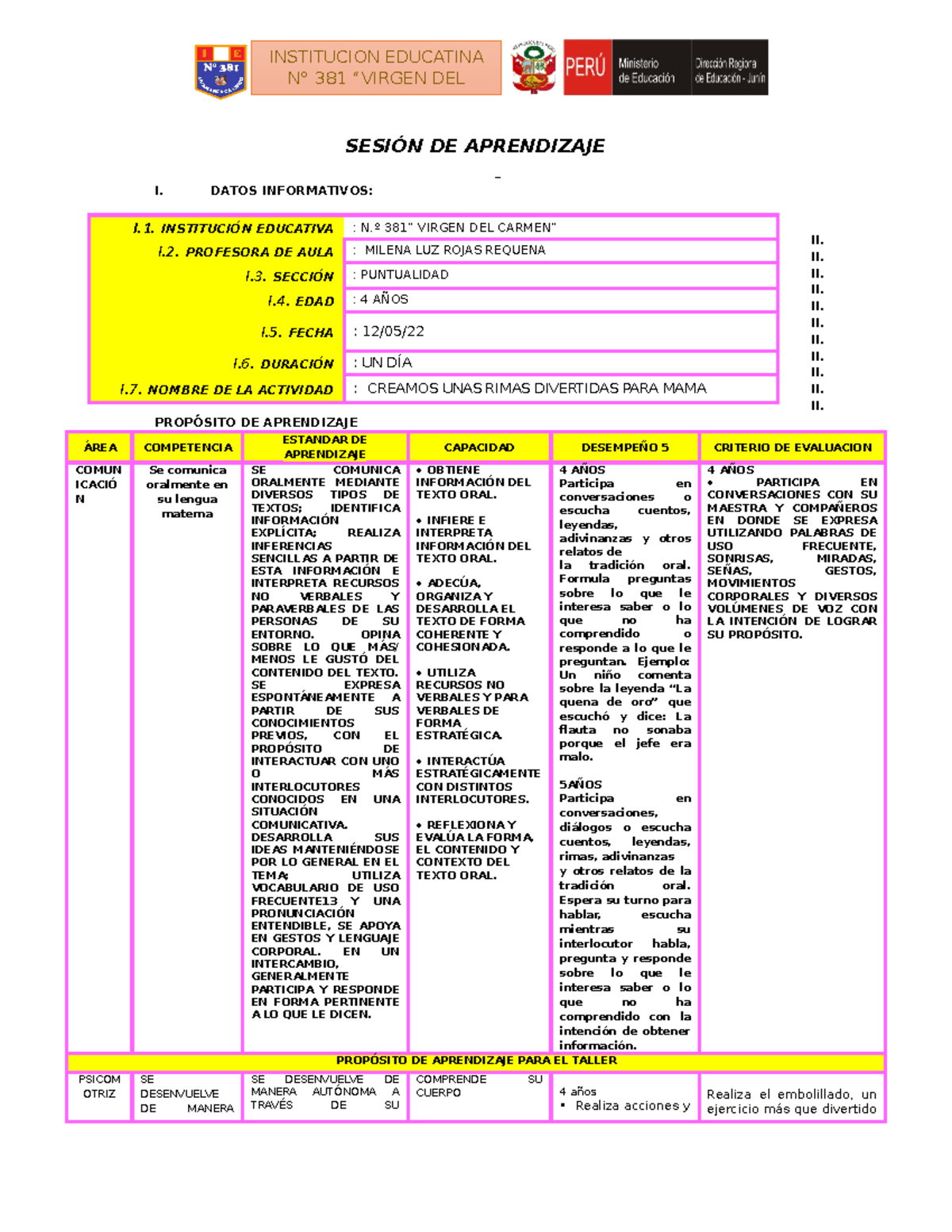 Sesion DE Aprendizaje Rimas - SESIÓN DE APRENDIZAJE I. DATOS INFORMATIVOS: II. II. II. II. II ...