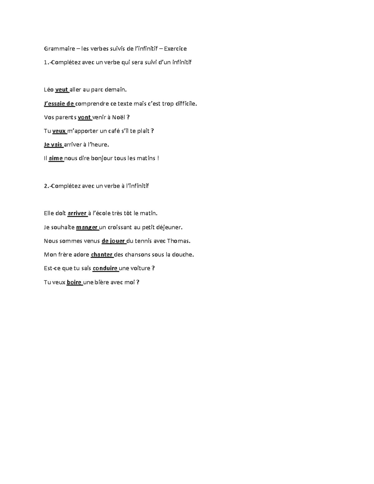 Verbes suivis d'un infinitf - Grammaire – les verbes suivis de l ...