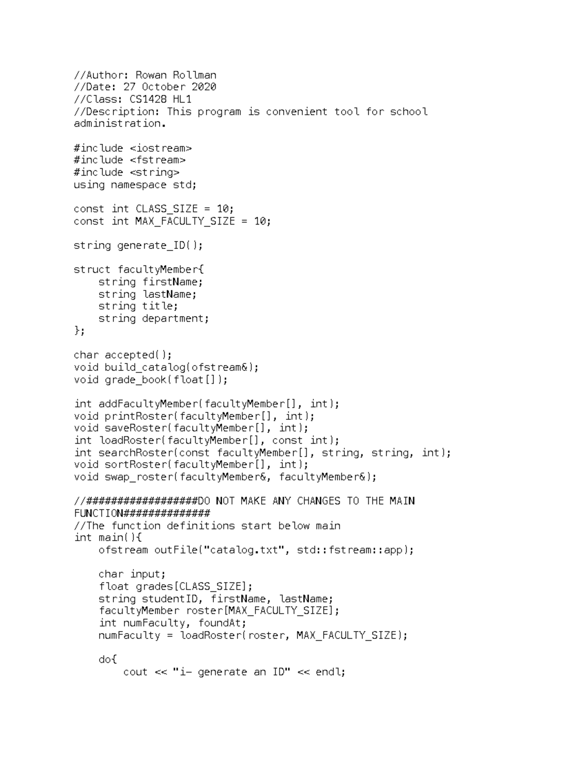 CS 1428 - Lab 8 - //Author: Rowan Rollman //Date: 27 October 2020 //Class: CS1428 HL ...