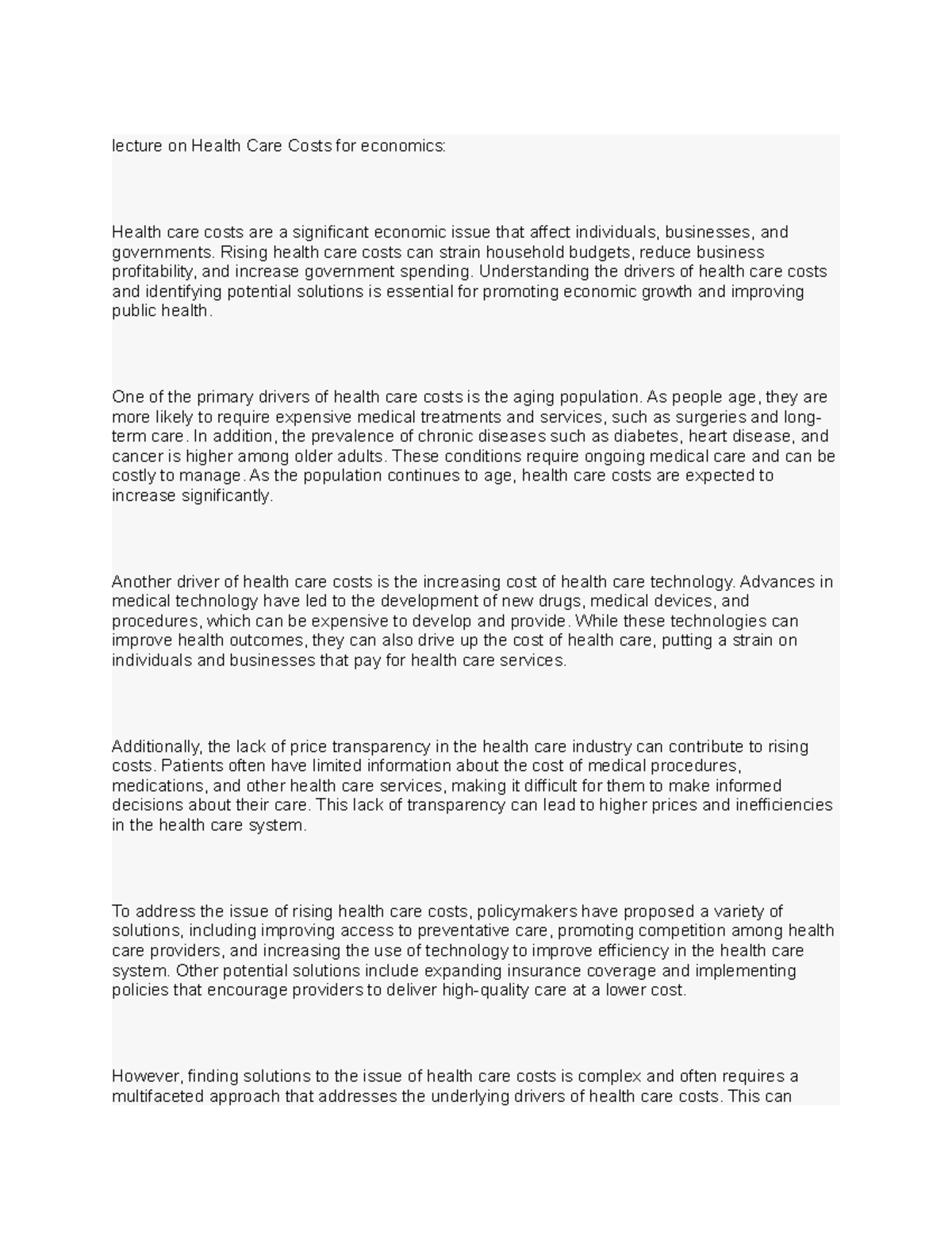 Lecture on Health Care Costs for economics - lecture on Health Care ...