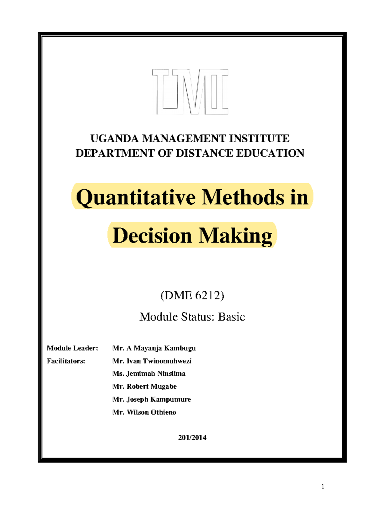 Quantitative methods Module Hand Book - UGANDA MANAGEMENT INSTITUTE ...