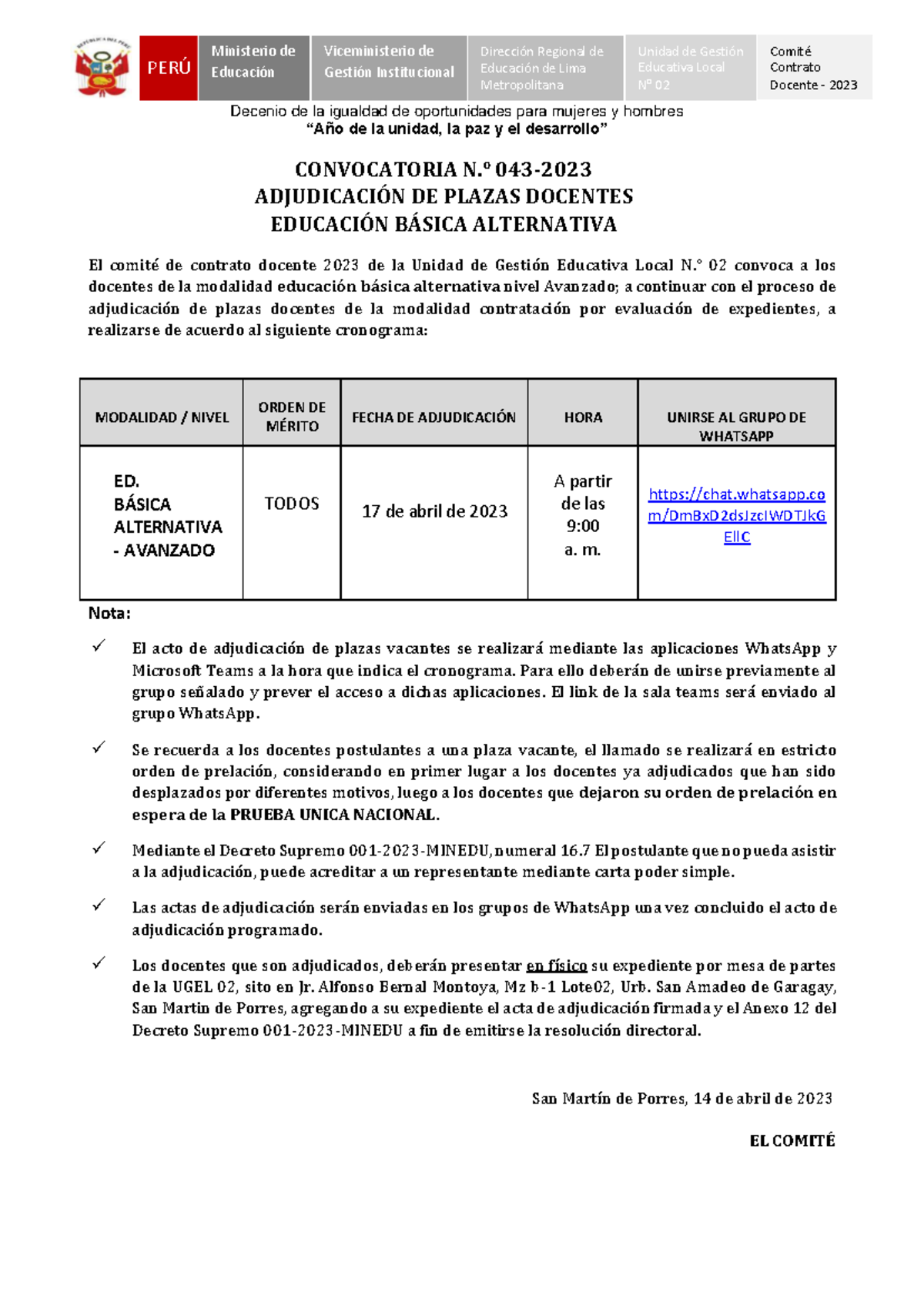 Convocatoria ndeg 043 - 2023 ed - Ministerio de Viceministerio de PERÚ ...