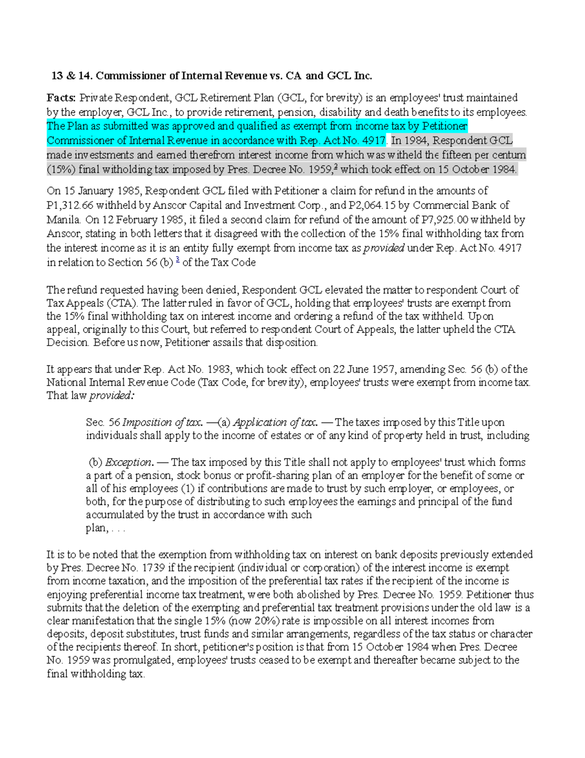 Scribd - Cases of law - 13 & 14. Commissioner of Internal Revenue vs. CA and GCL Inc. Facts ...
