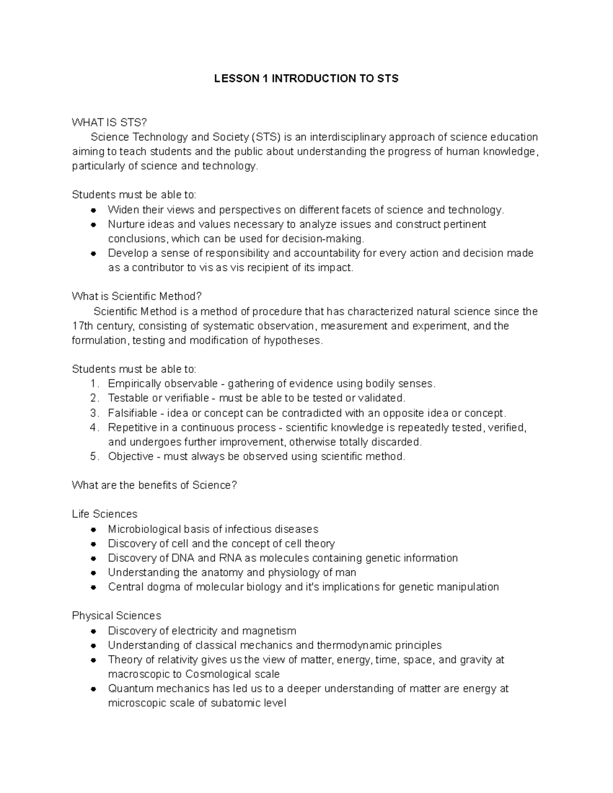 STS Module - Wala - LESSON 1 INTRODUCTION TO STS WHAT IS STS? Science ...