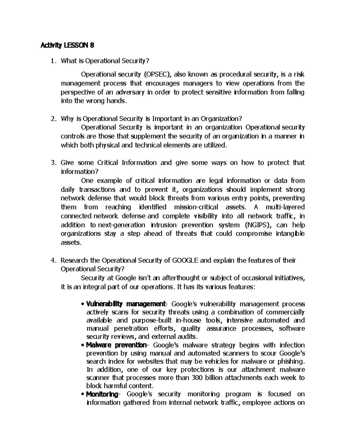 OPERATIONAL SECURITY - Activity LESSON 8 What is Operational Security ...