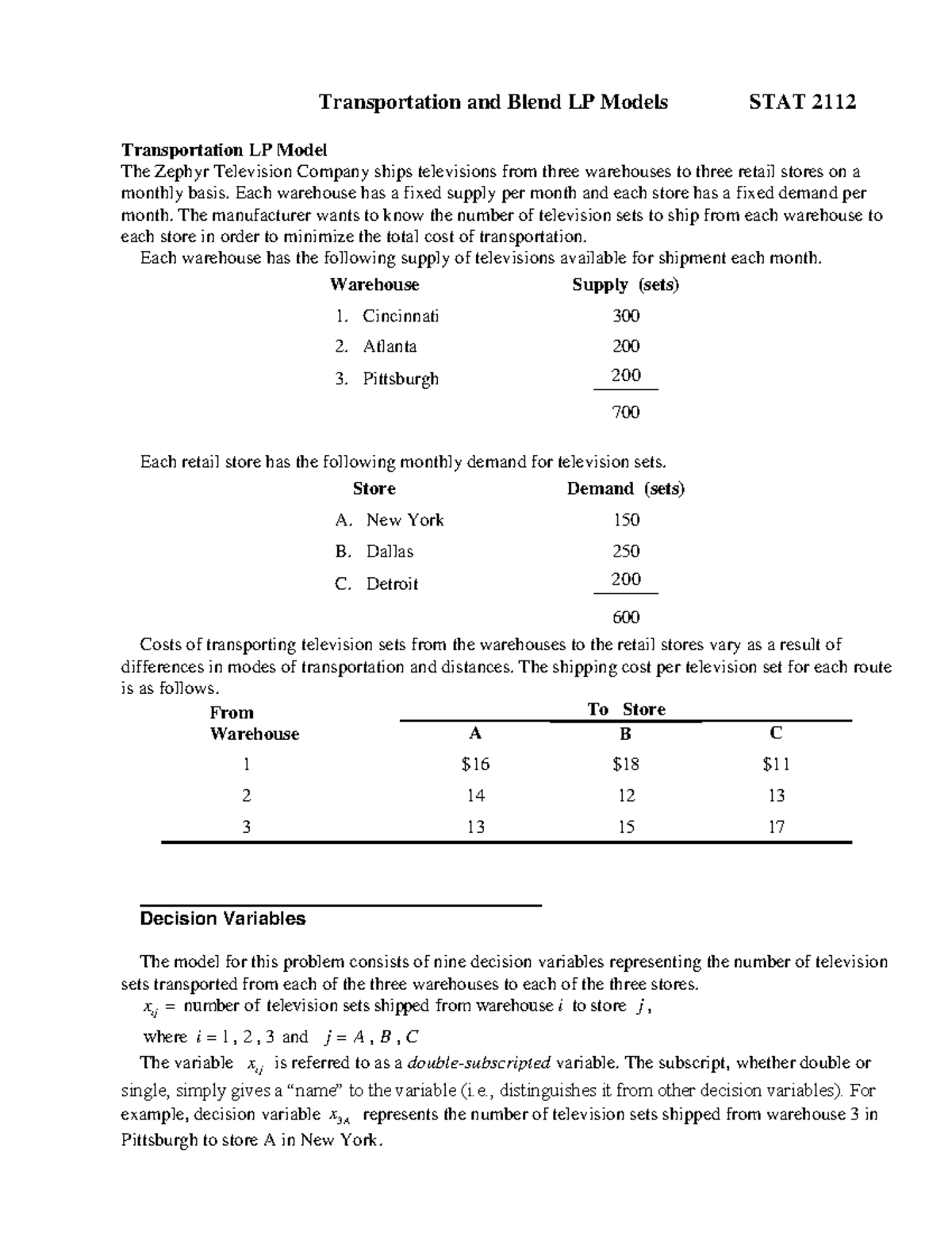 Lesson 6. Transportation and Blend LP Models - Transportation and Blend ...