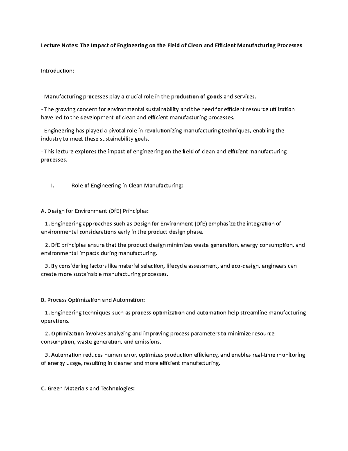 Lecture Notes: The Impact of Engineering on the Field of Clean and ...