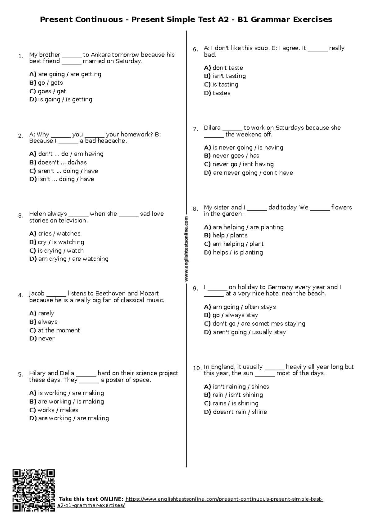 464 present-continuous-present-simple-test-a2-b1-grammar-exercises ...