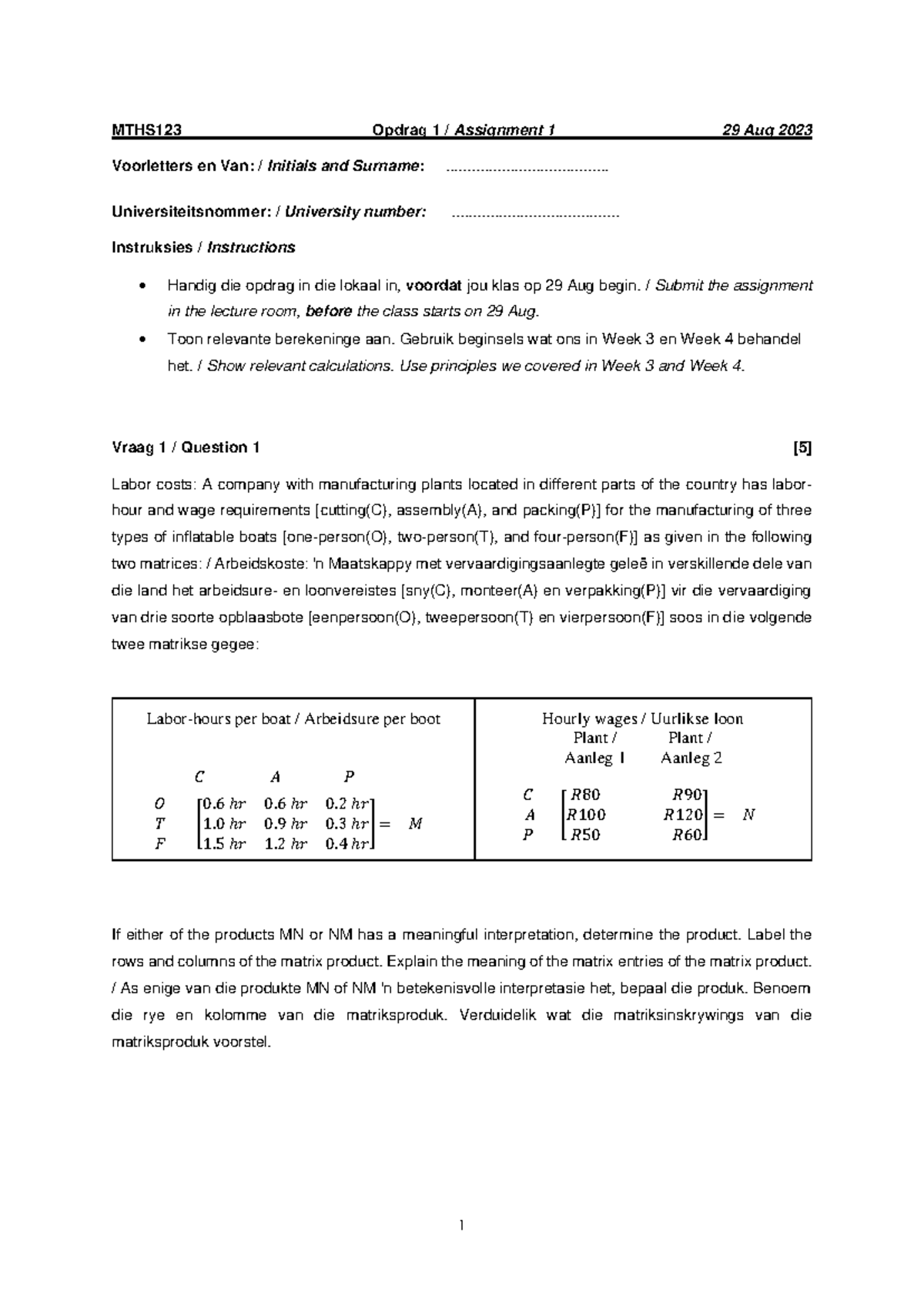 MTHS123 2023 Opdrag 1 Assignment - 1 MTHS1 23 Opdrag 1 / Assignment 1 ...